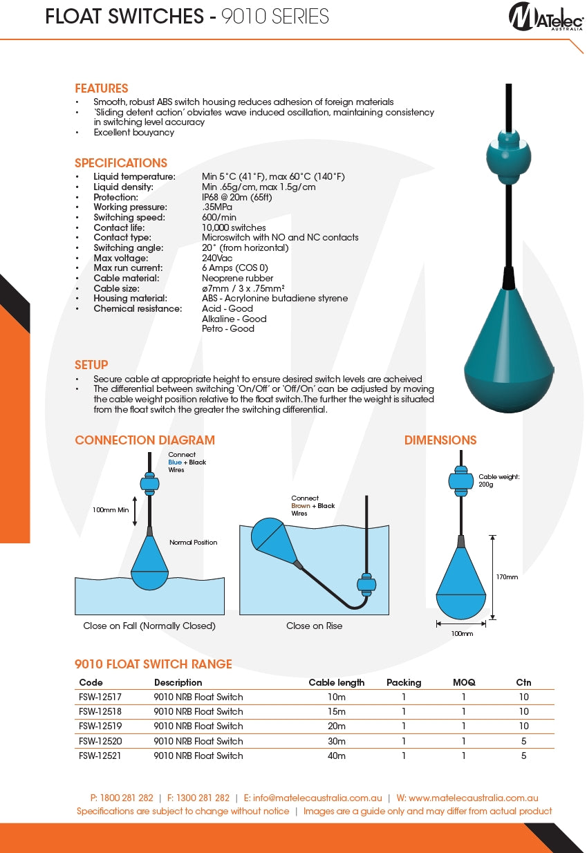 Chemical Resistant Float 10m Cable